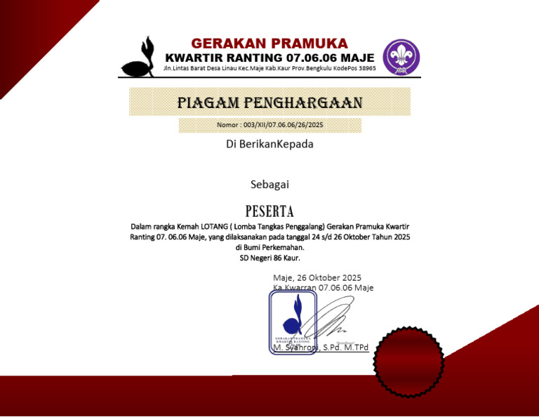Piagam Kemah Lotang Peserta | PDF