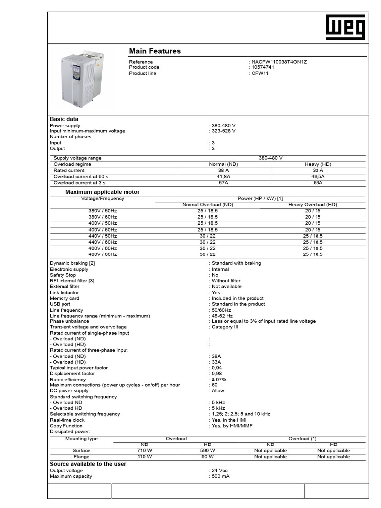 WEG CFW110038T4ON1Z Drive de Velocidade Variável CFW110038T4SZ ...