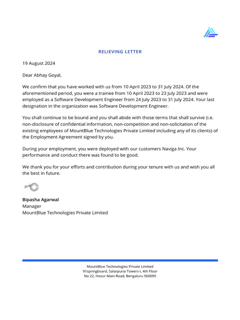 MountBlue Relieving Letter | PDF