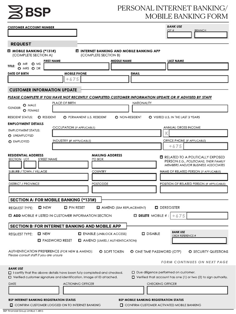 BSP PNG Personal Internet Banking and Mobile Banking Form 31725 | PDF | Banks | Regulatory ...