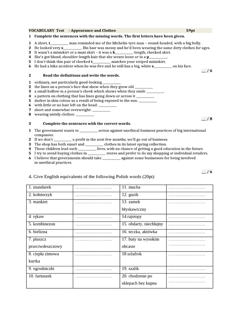 Vocabulary Test: Appearance & Clothing | PDF | Fashion | Softlines (Retail)