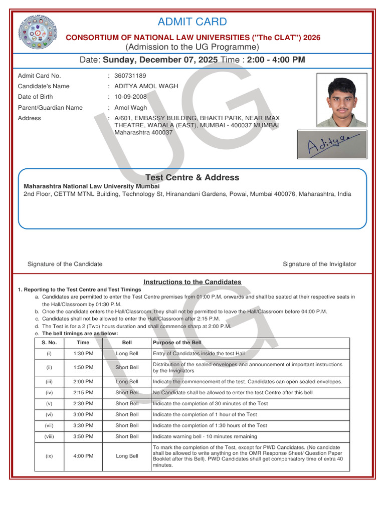 Admit Card Clat 2026 360731189 6920fb11b3c3c | PDF