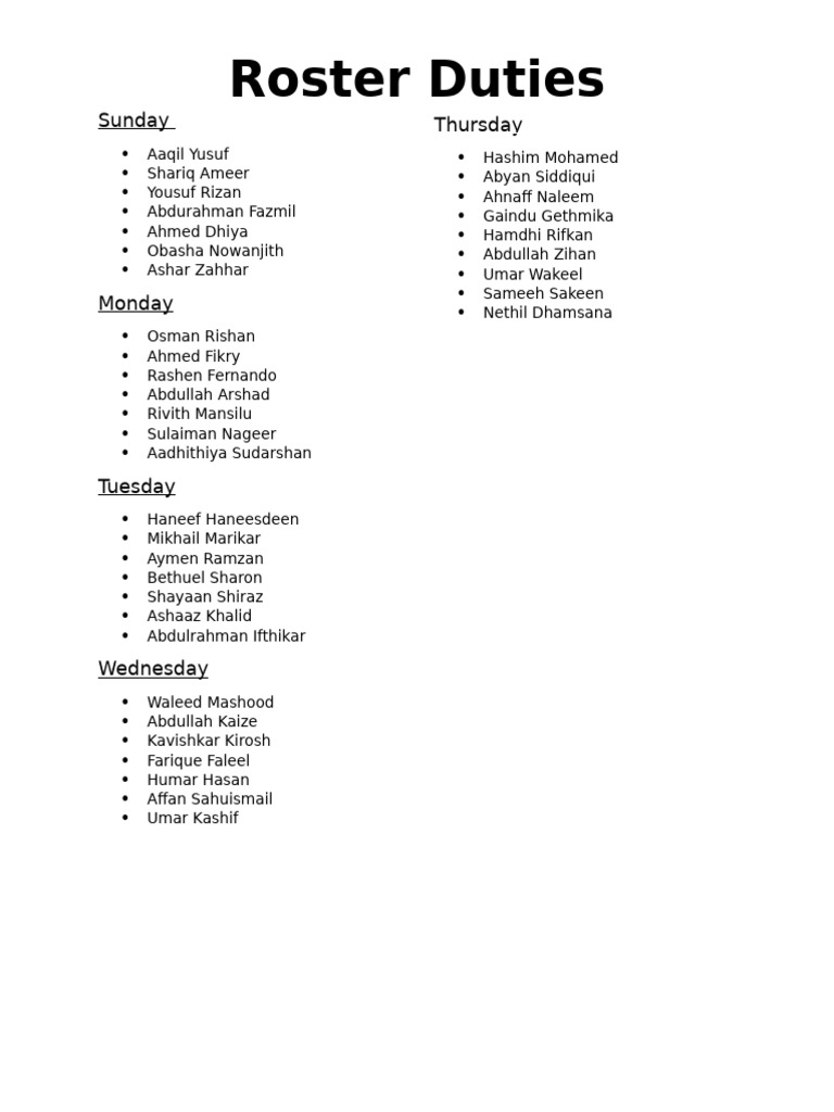 Roster Duties | PDF