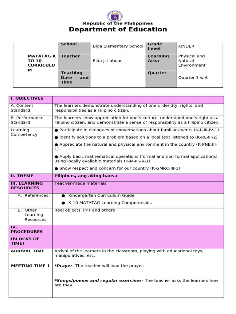 Kinder-Matatag-Lesson-Plan-WITH INDICATORS AND ANNOTATIONS | PDF ...