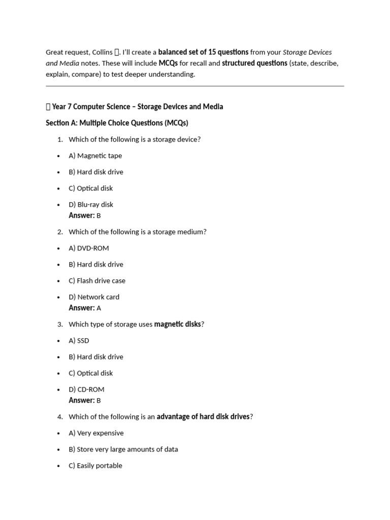 Year 7 Storage Devices Quiz Questions | PDF | Computer Data Storage ...