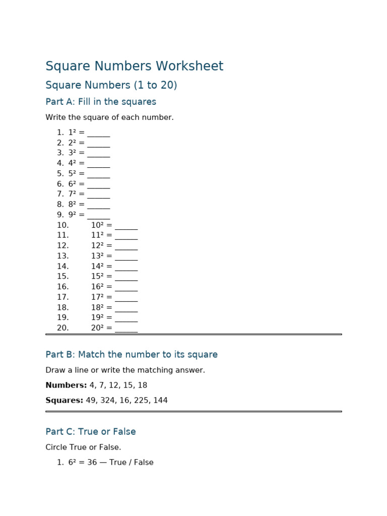 Square Numbers Worksheet | PDF