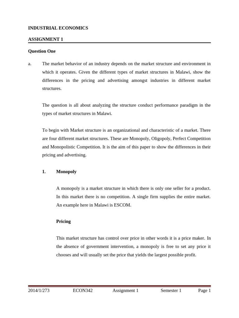 Industrial Economics Assignment | PDF | Monopoly | Profit (Economics)