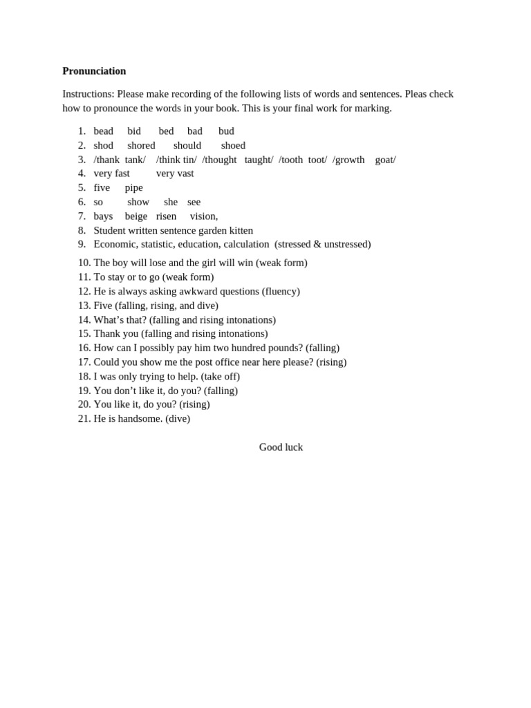 Pronunciation Practice Instructions | PDF