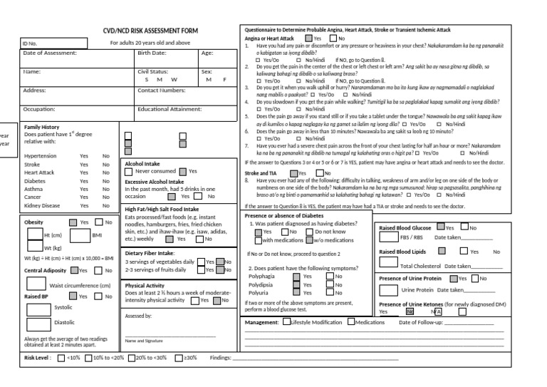 CVD/NCD Risk Assessment Questionnaire | PDF | Diabetes | Myocardial ...