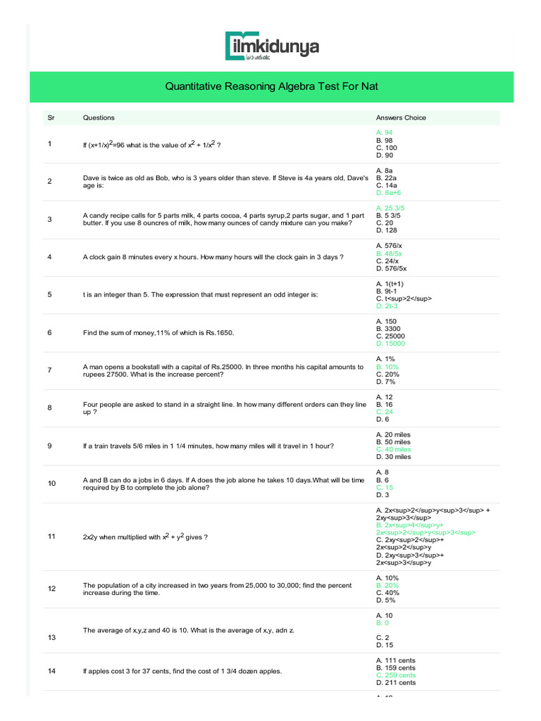 Quantitative Reasoning Algebra Online MCQ Test All Mcqs | PDF | Mathematics