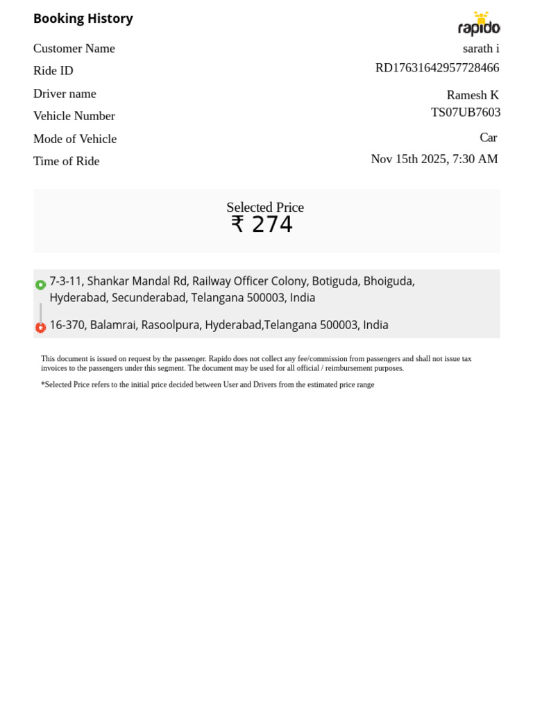 Rapido Ride Booking History Document | PDF