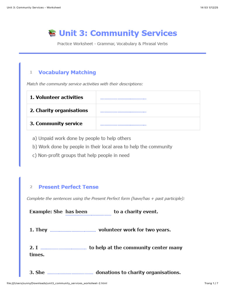 Community Services Practice Worksheet | PDF | Perfect (Grammar) | Syntax