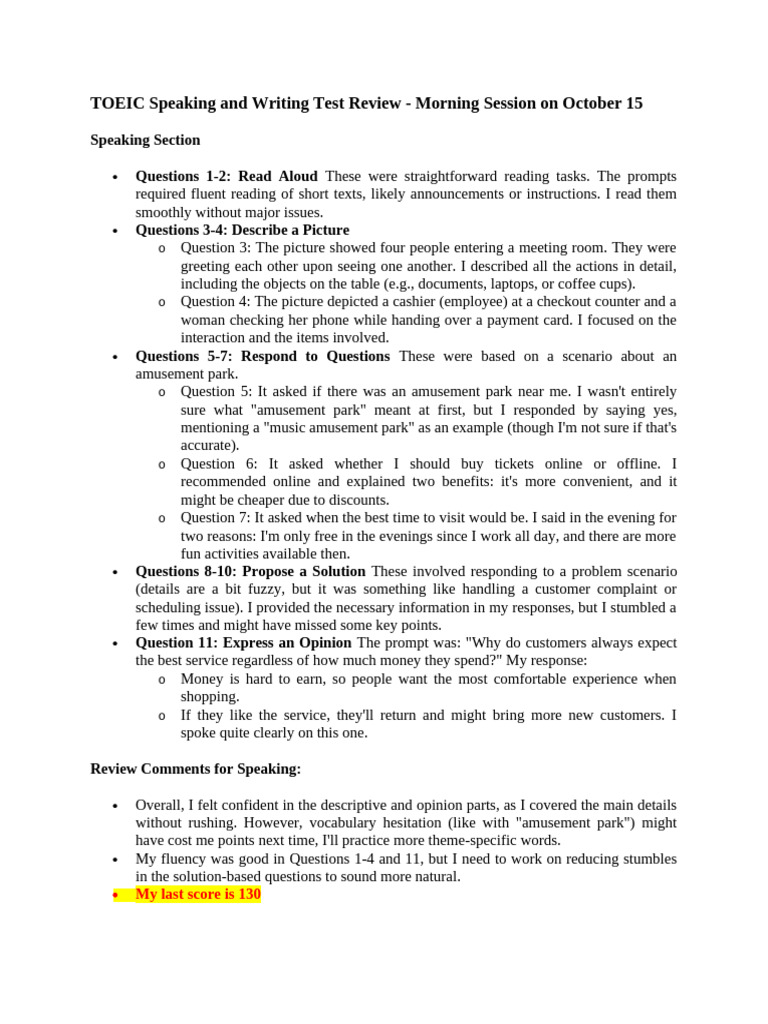 TOEIC Speaking & Writing Test Review | PDF | Point Of Sale