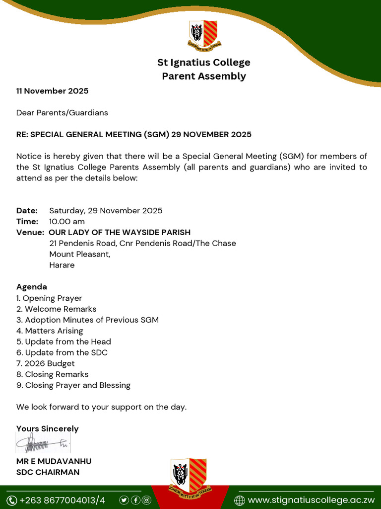 ST Ignatius College SGM Notice 2025 | PDF