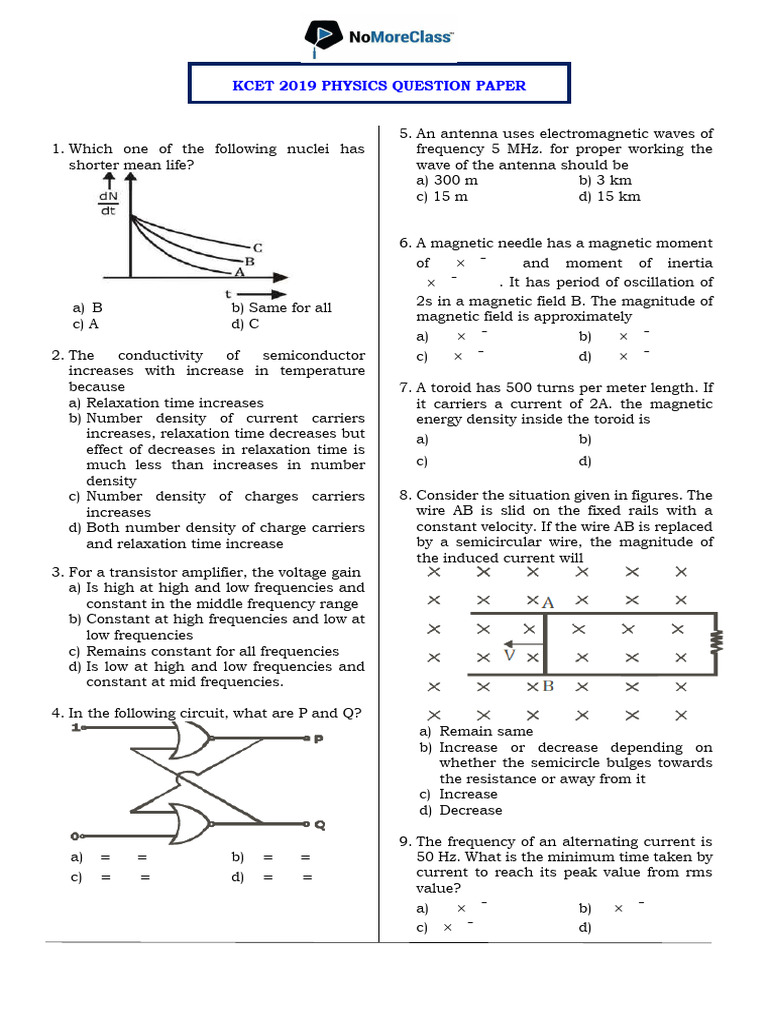 KCET Physics 2019 | PDF | Inductor | Electron