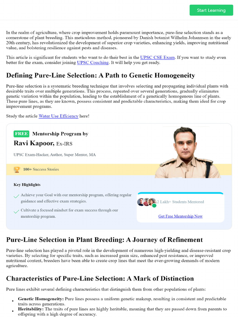 Pure-Line Selection - Characteristics, And Selection Process | PDF