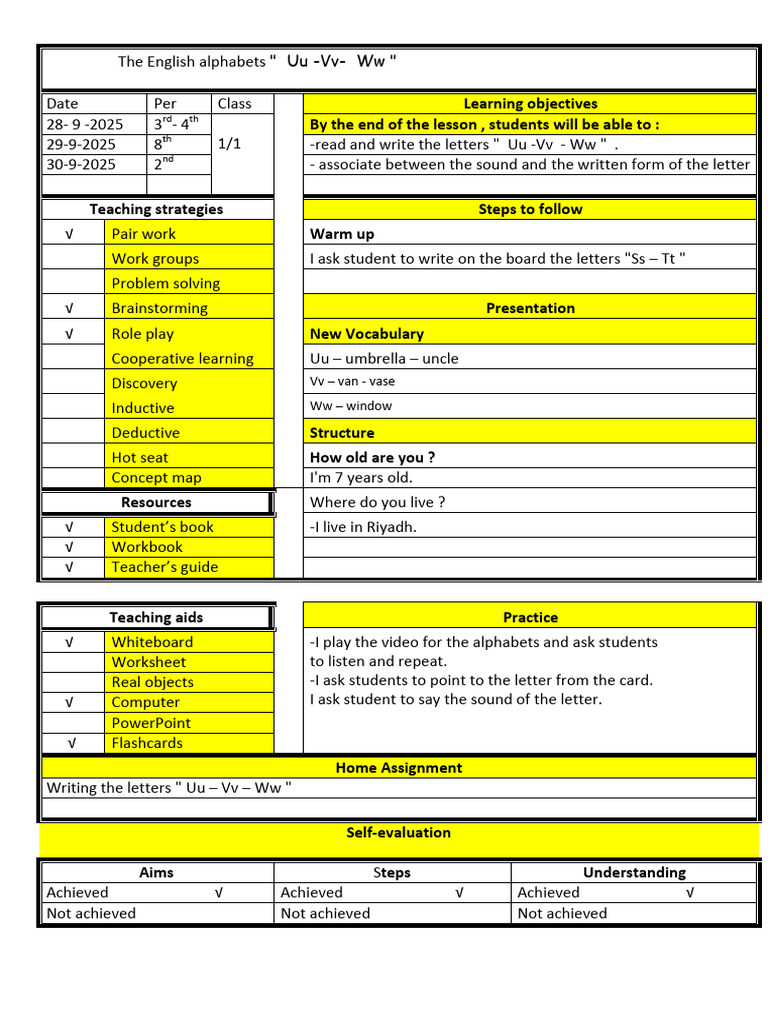 Week (6) Preparation - The Alphabets (Uu - VV - WW) | PDF