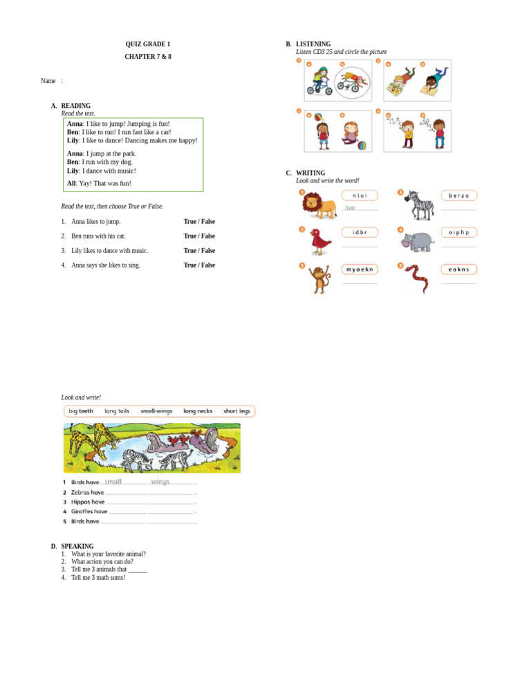 Quiz Grade 1 Chapter 7&8 | PDF