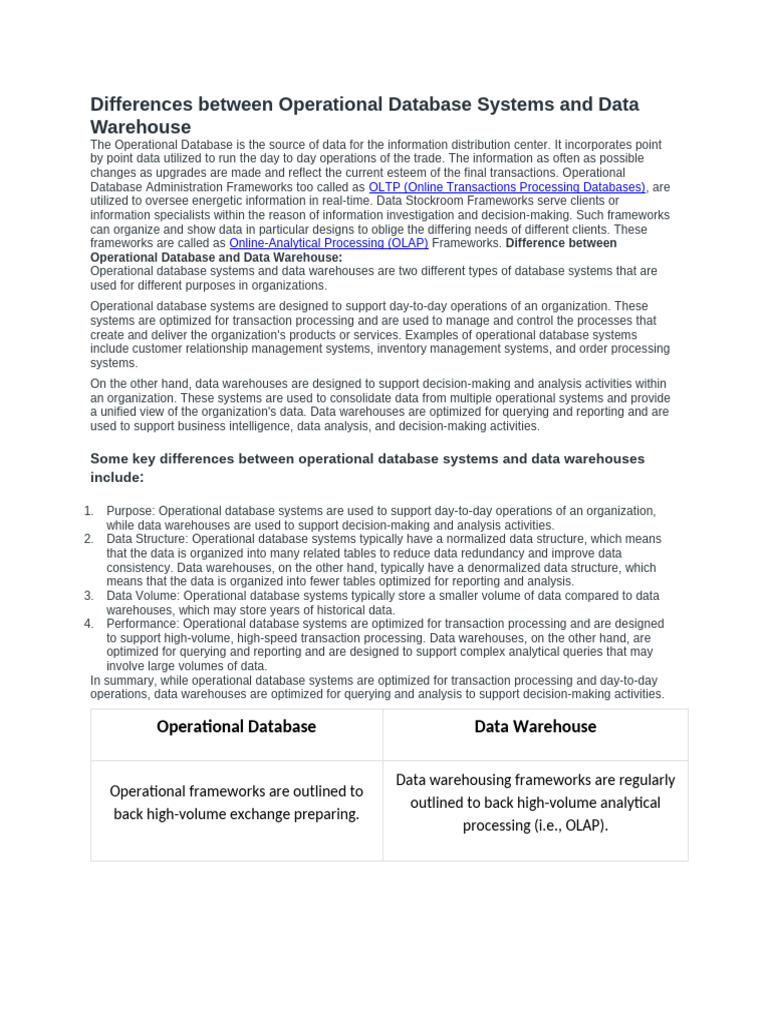 Operational Databases vs. Data Warehouses | PDF | Data Warehouse ...