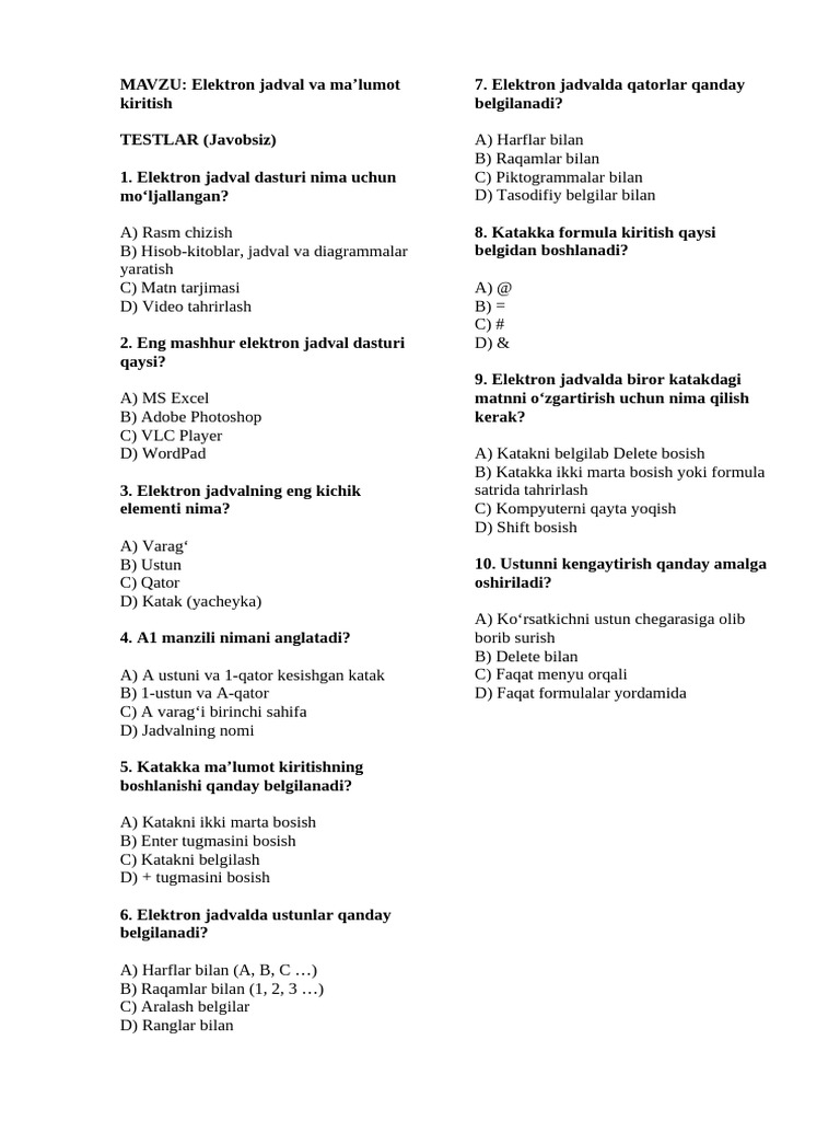 6 Sinf Informatika Test | PDF