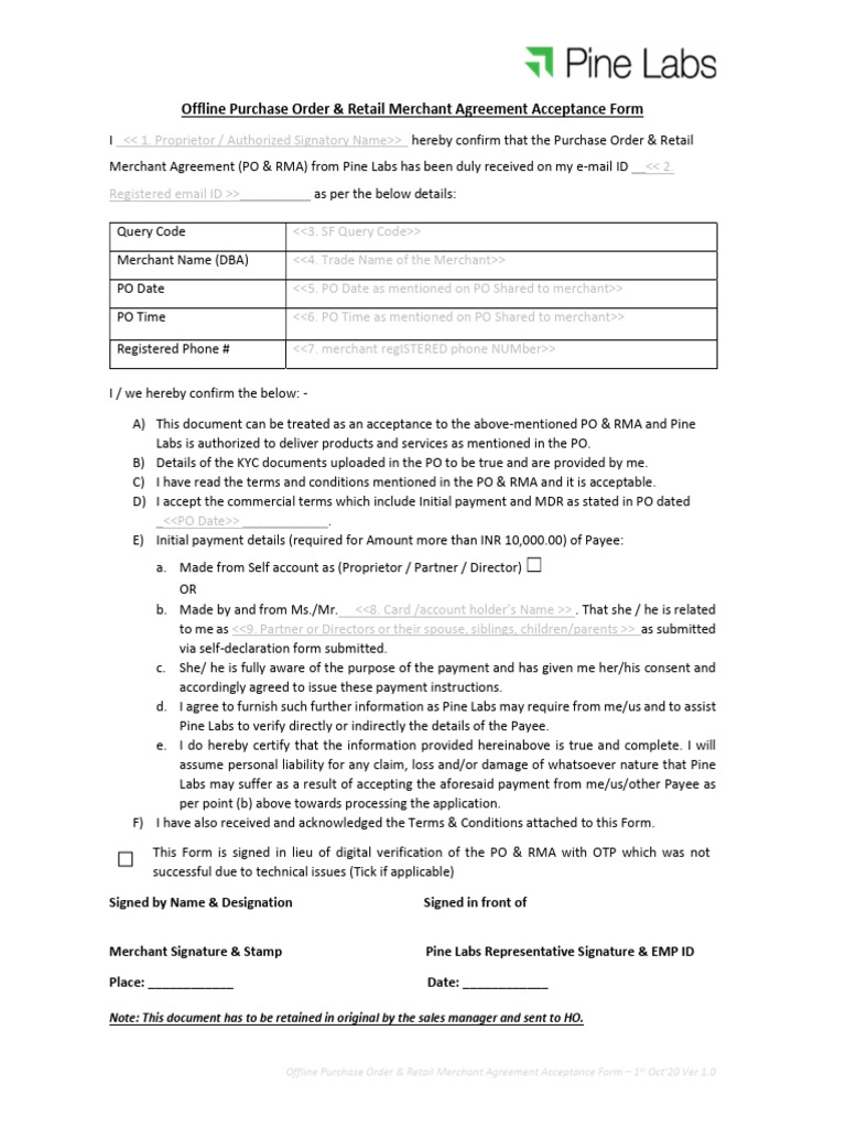 Offline Purchase Order Acceptance Form | PDF | Invoice | Payments