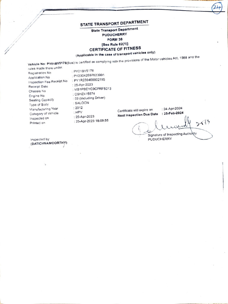 Certificate of Fitness of The Vehicle | PDF | Wheeled Vehicles | Road ...
