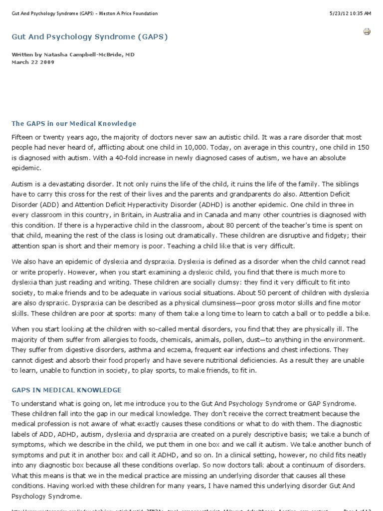 Gut and Psychology Syndrome (GAPS) - Weston A Price Foundation" | PDF ...