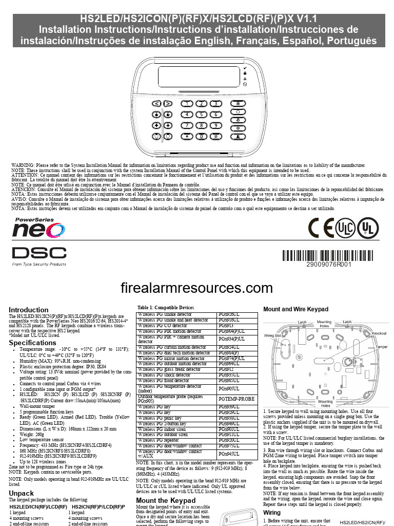Dsc Neo Hs2lcd Install Manual Eng Fr Esp Pt v1 1 r001 9462785031 | PDF ...