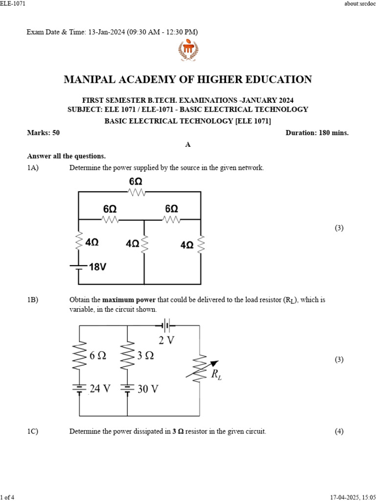 ELE-1071 Basic Electrical Technology | PDF | Inductance | Electrical ...