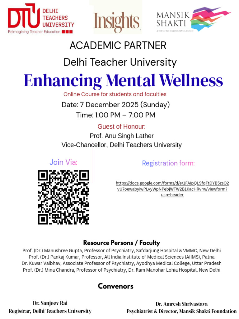 Academic Partner Delhi Teacher University: Enhancing Mental Wellness | PDF