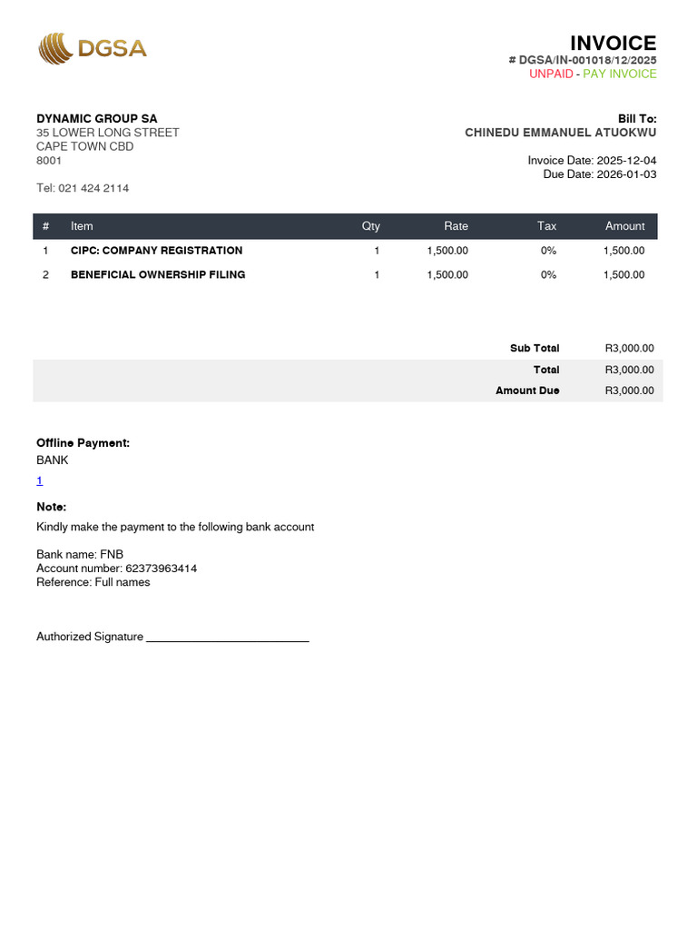 Unpaid Invoice DGSA/IN-001018 | PDF