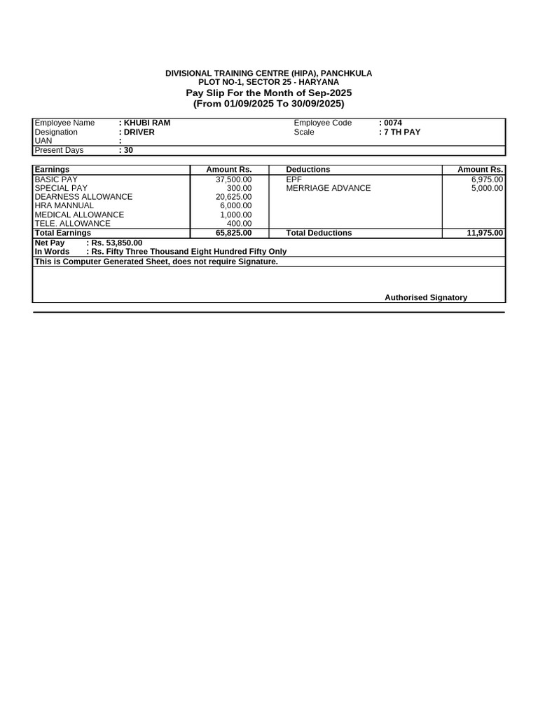 Pay Slip DTC Pkl Sept 2025 | PDF