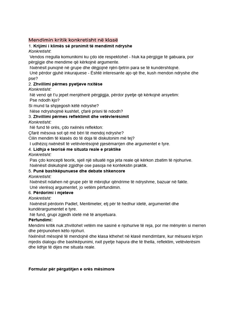 Formular Per Pergatitjen e Ores Mesimore - MKZP Ne Klase Final 2 | PDF