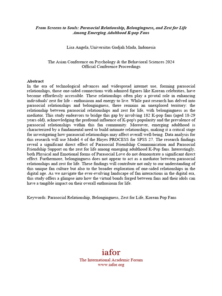 From Screens to Souls- Parasocial Relationship, Belongingness, And Zest for Life Among Emerging ...