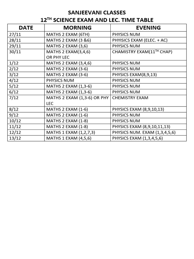 12th Sci Daily Time Table | PDF