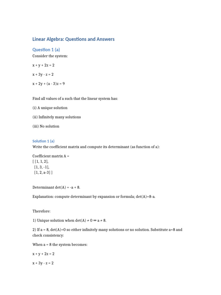 Linear Algebra Questions Answers | PDF | Vector Space | Determinant