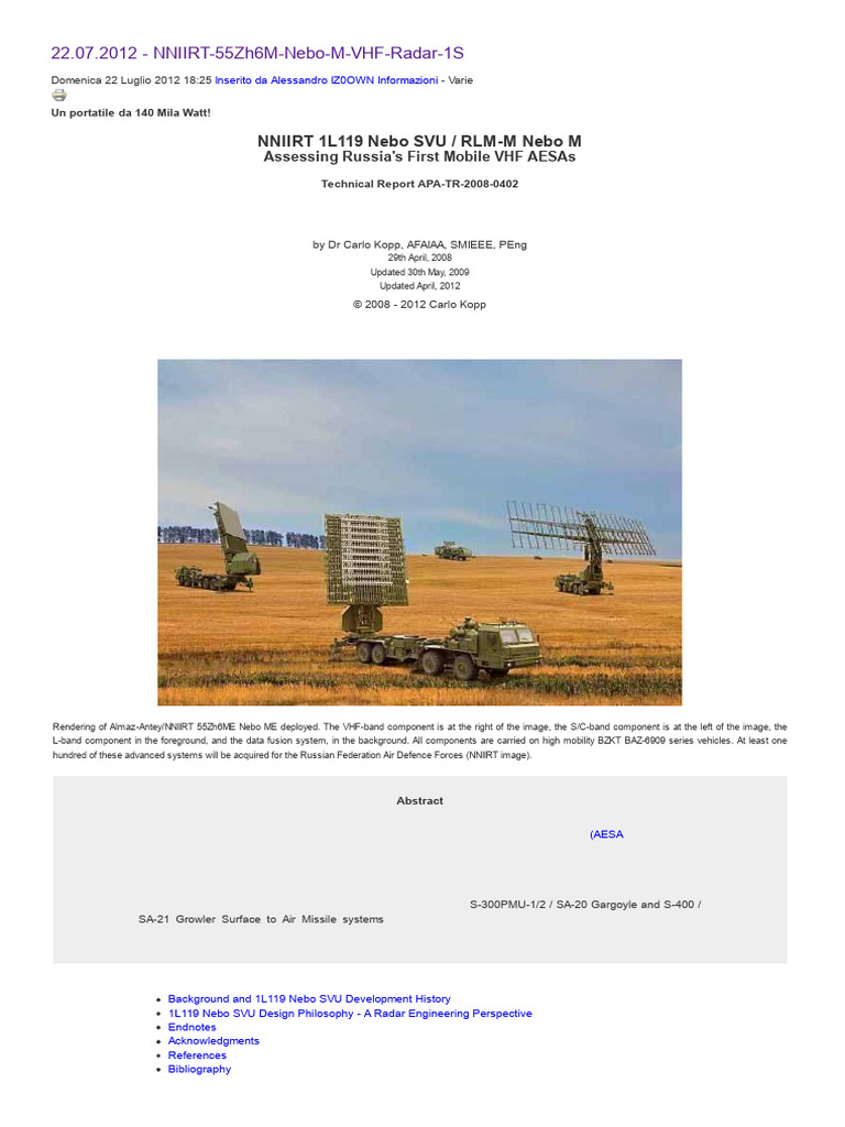 Russia's 1L119 Nebo SVU VHF Radar Overview | PDF | Radar | Antenna (Radio)