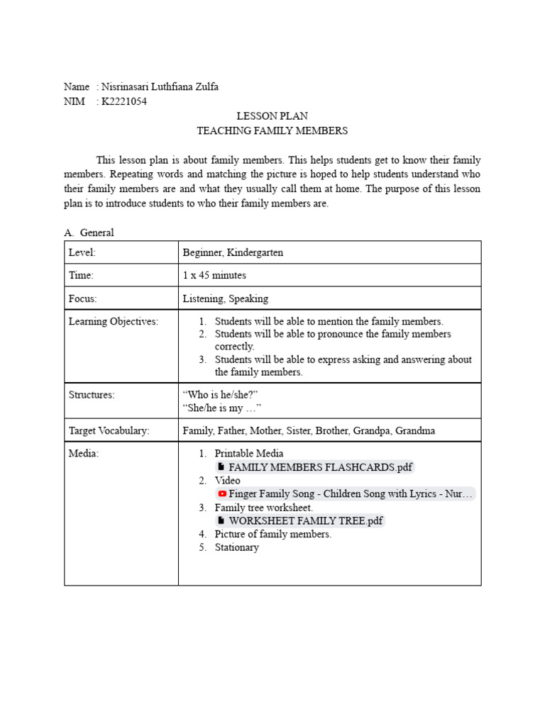 Family Members Lesson Plan for Kids | PDF | Human Communication | Learning