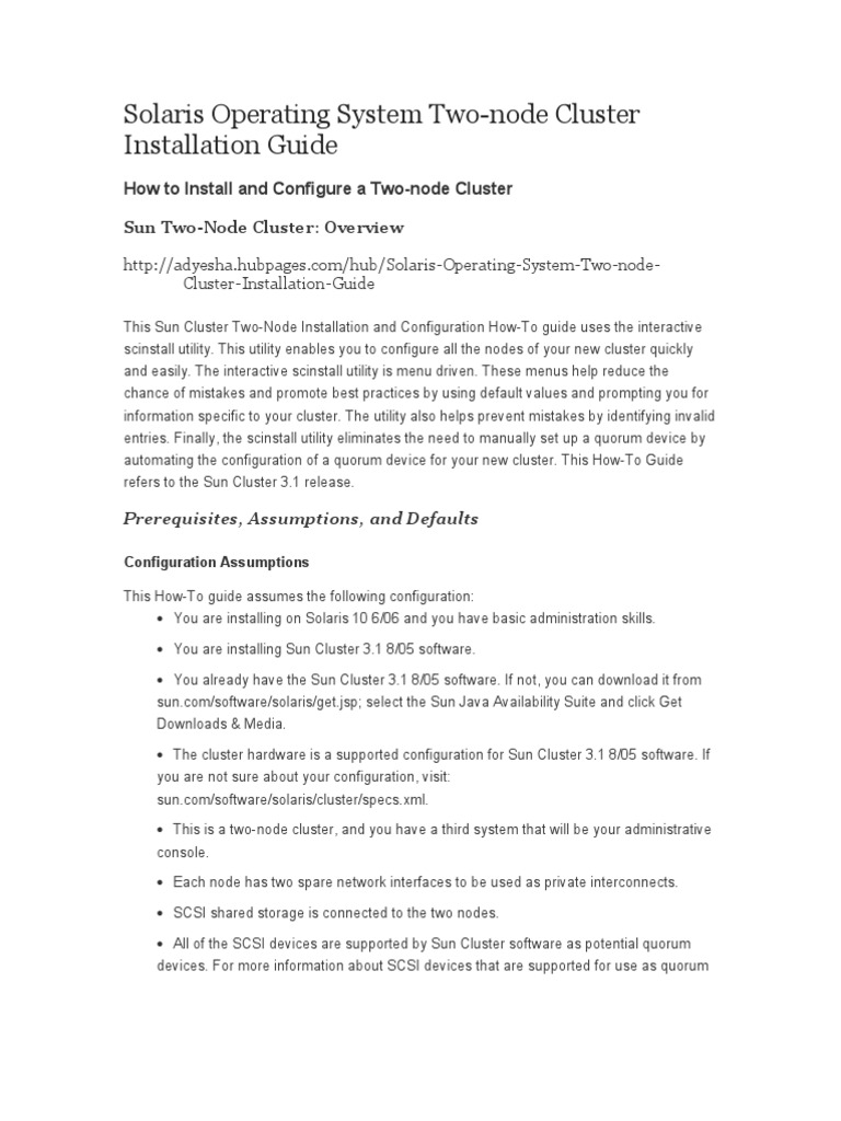 Solaris Operating System Two Node Cluster Installation Guide Pdf Computer Cluster