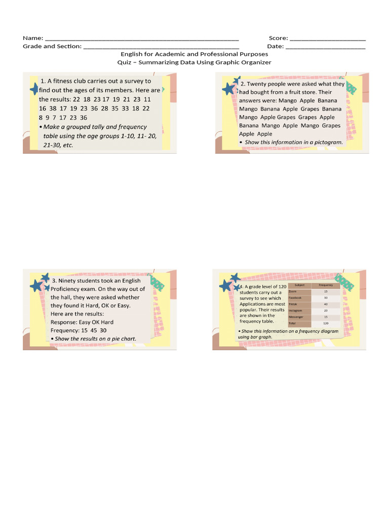 QUIZ Summarizing Data Using Graphic Organizer | PDF