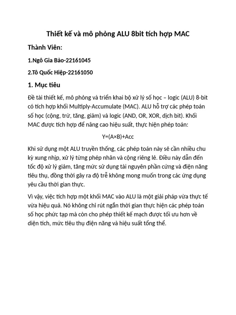 Thiết Kế Và Mô Phỏng ALU 8bit Tích Hợp MAC | PDF