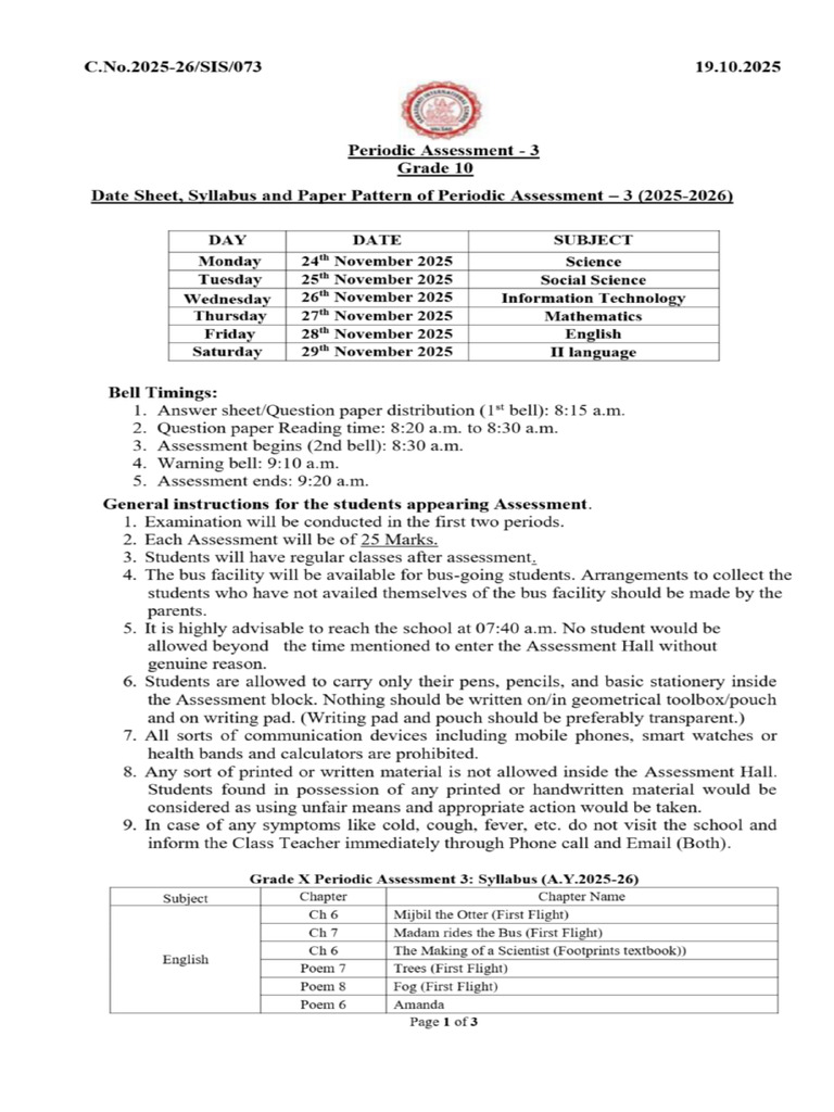Grade 10 Schedule For Periodic Assessment - 3 2025-26 | PDF