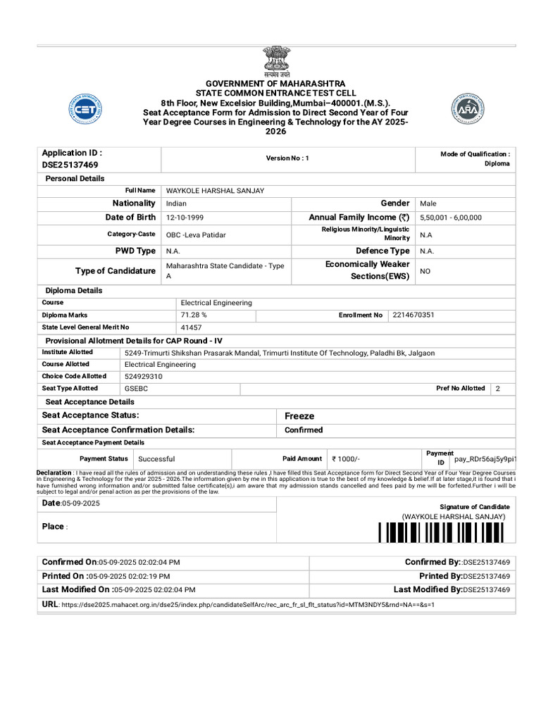 Maharashtra DSE Seat Acceptance Form 2025 | PDF | Educational Stages