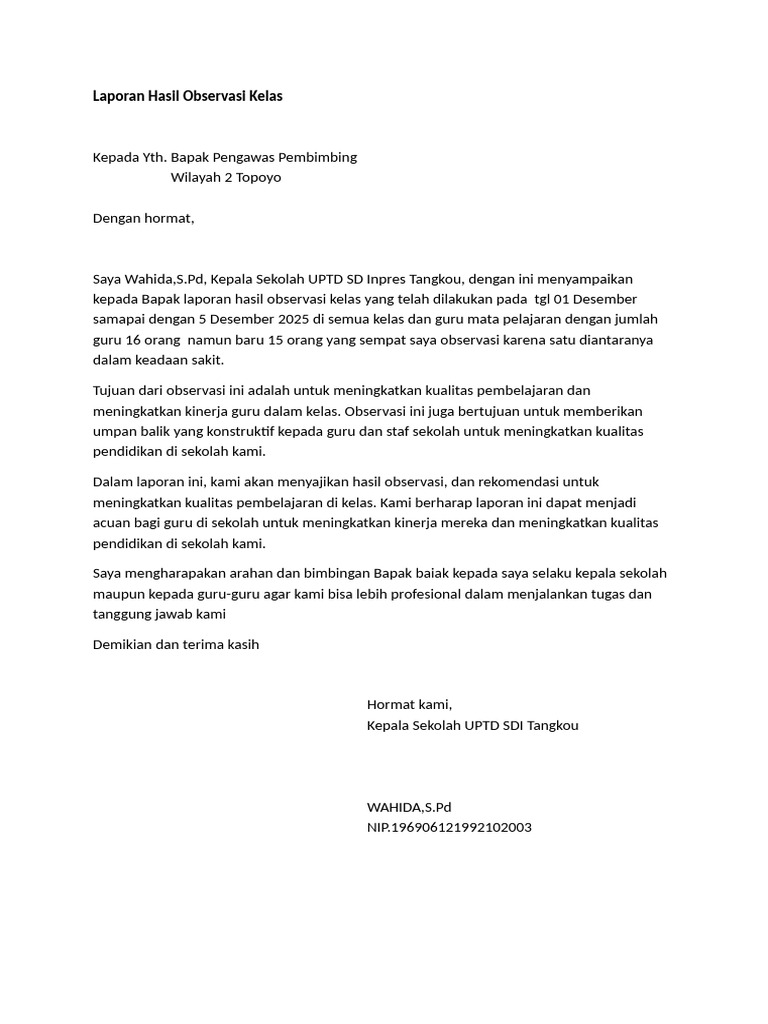 Laporan Observasi Kelas SD Inpres Tangkou | PDF