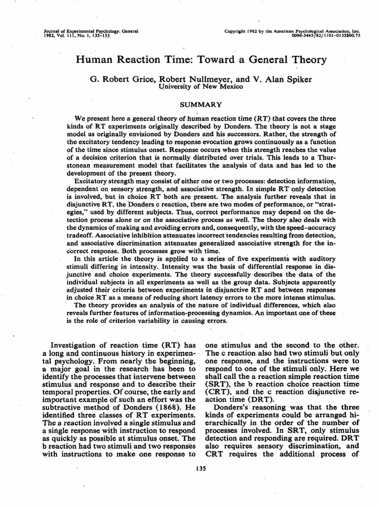 Human Reaction Time - Toward A General Theory | PDF | Mental ...