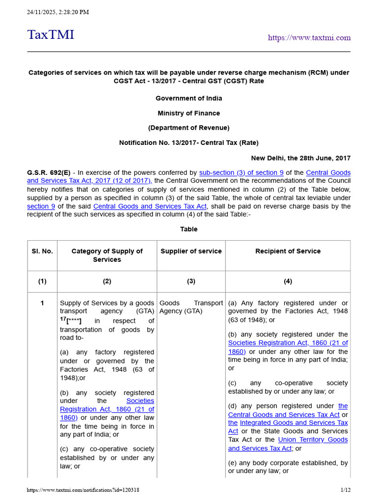 Categories of Services On Which Tax Will Be Payable Under Reverse ...