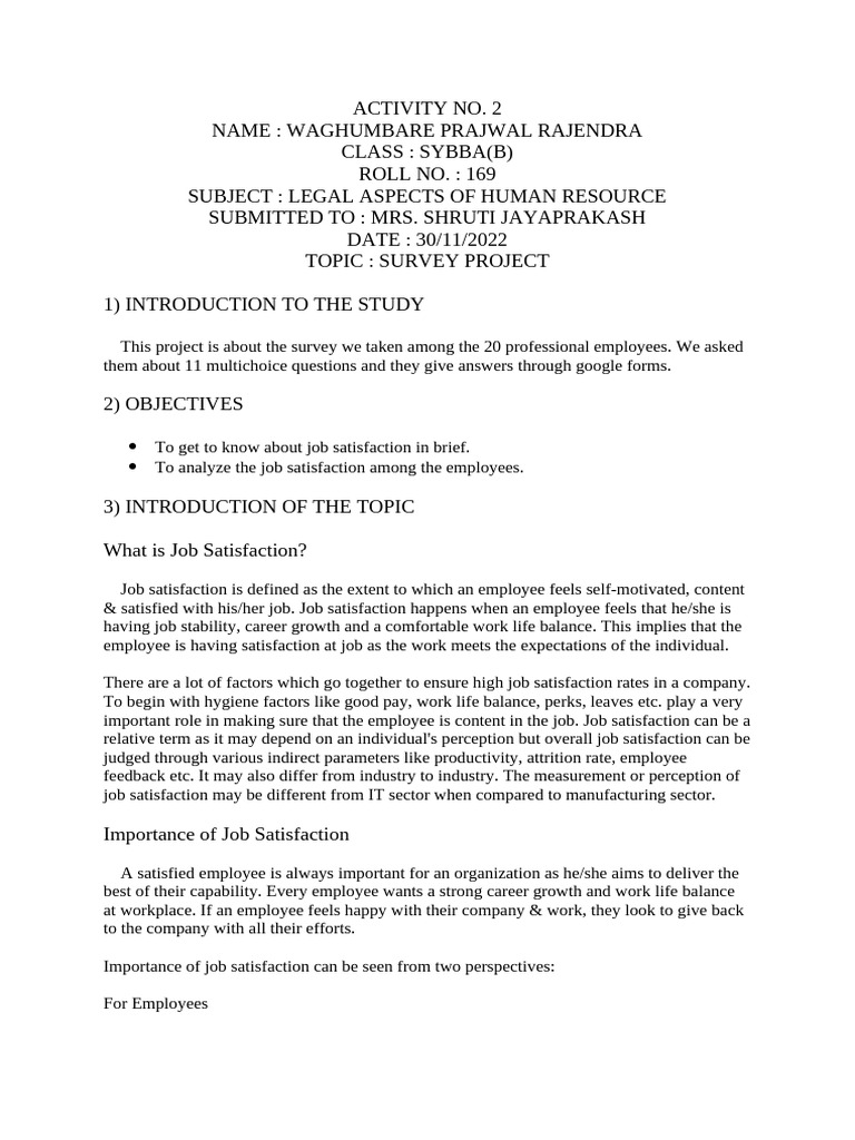 Roll No.169 Survey Project Job Satisfaction | PDF | Job Satisfaction ...