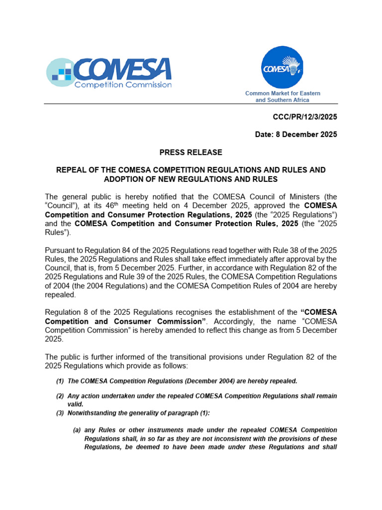 COMESA Competition Regulations 2025 Update | PDF | Public Law | Legal ...