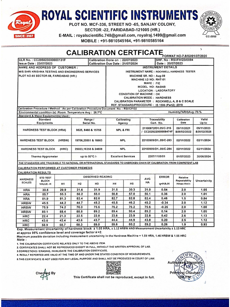 Rockwell Hardness Tester, Calibration Certificate | PDF