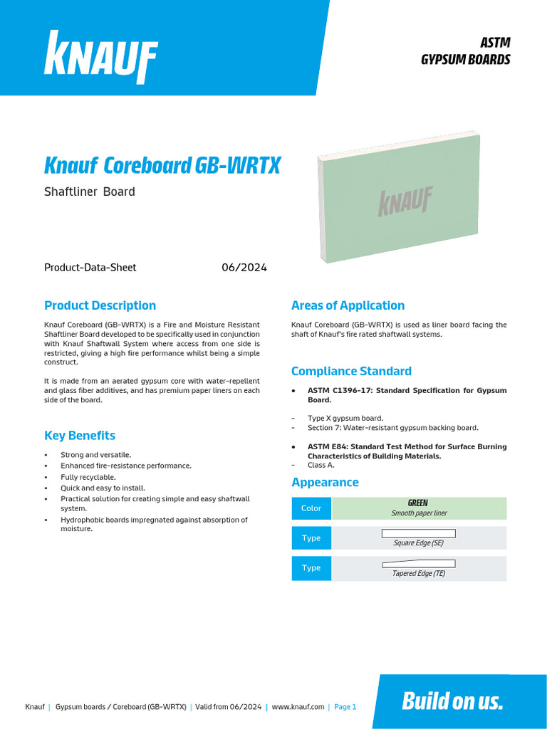 Knauf Coreboard GB-WRTX - Shaftliner Board Datasheet - ASTM | PDF ...